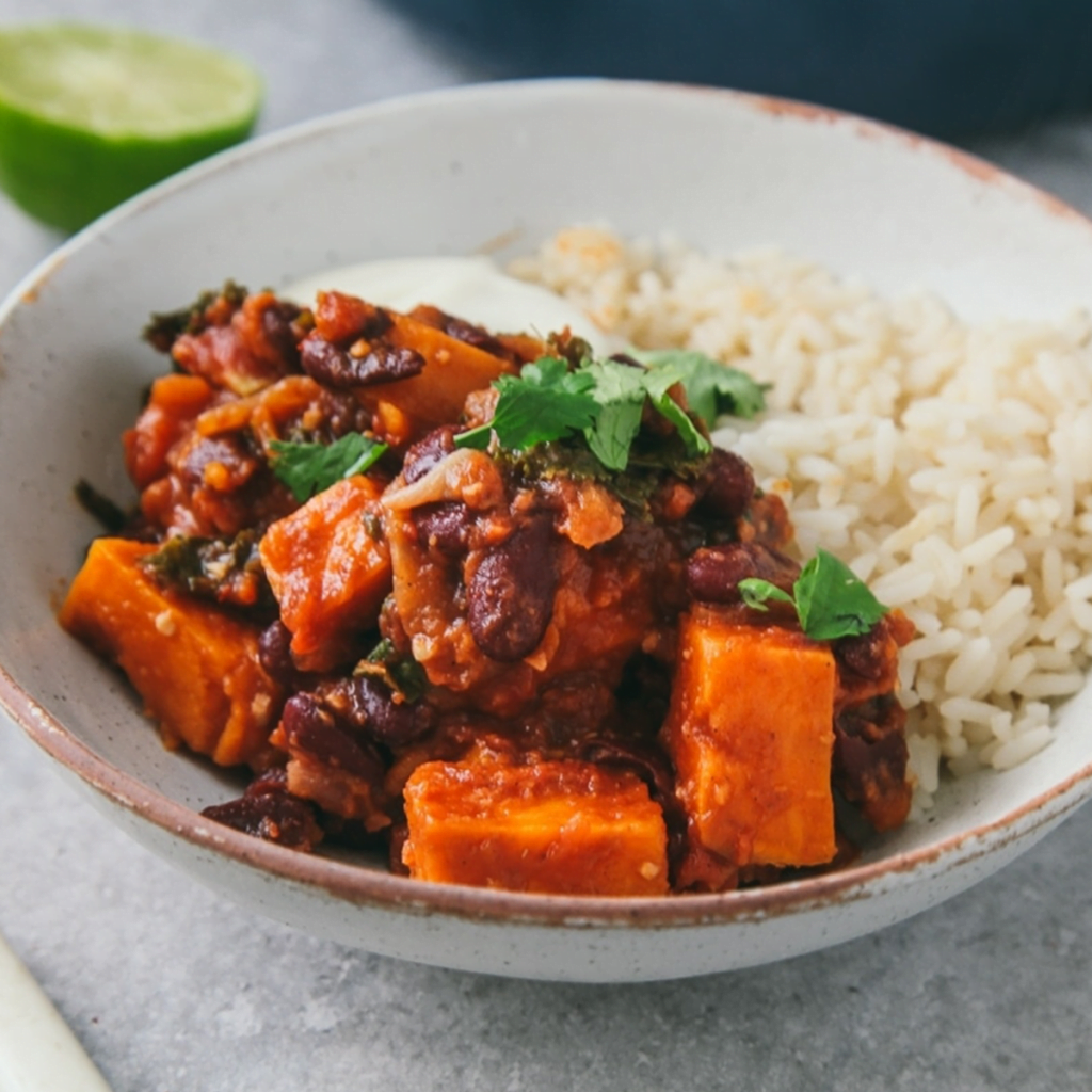 Spicy Bean & Sweet Potato Chilli with Kale - Wallflower Kitchen