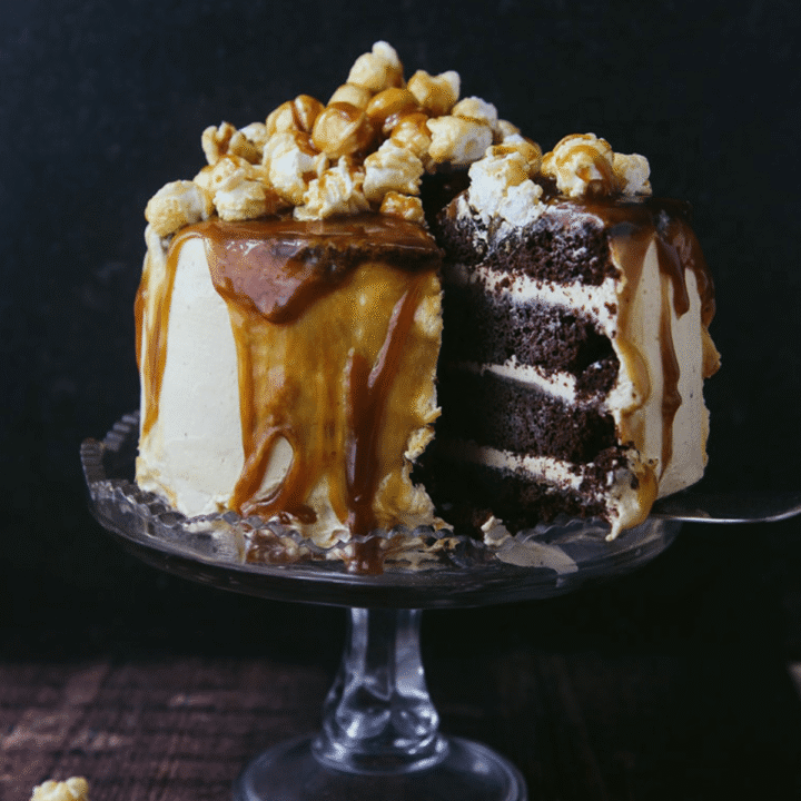 Vegan Chocolate Toffee Popcorn Celebration Cake - Wallflower Kitchen